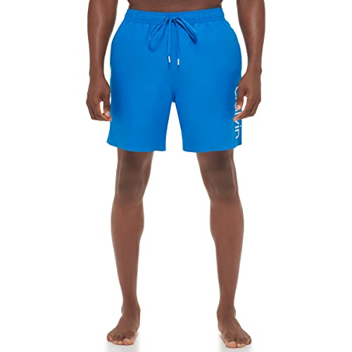 Calvin Klein Men's Standard UV Protected CK Logo Print Quick Dry Swim Trunk, Lake, XX-Large