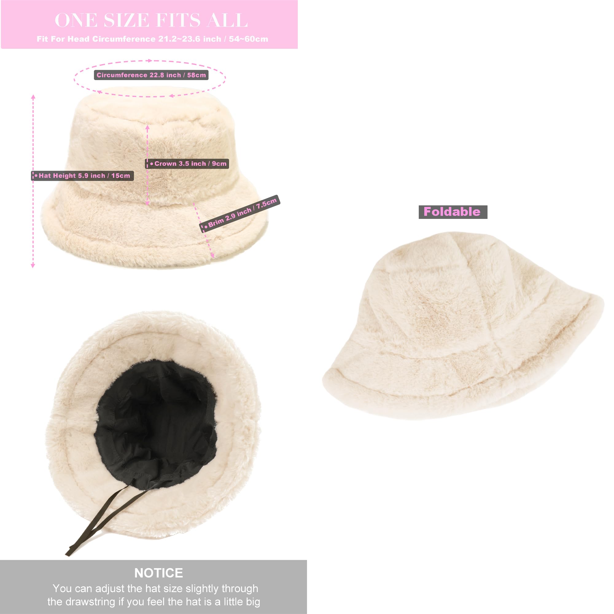 Sydbecs Winter Bucket Hat Fluffy Faux Fur Fisherman Cap for Women Men Solid Color Style(Beige)