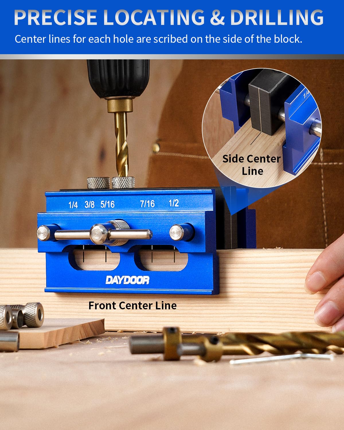 DAYDOOR Self Centering Doweling Jig Kit, Adjustable Width Dowel Jig for Woodworking, Centering Jig for Straight Holes Biscuit Joiner Set with 6 Bushings(Blue)