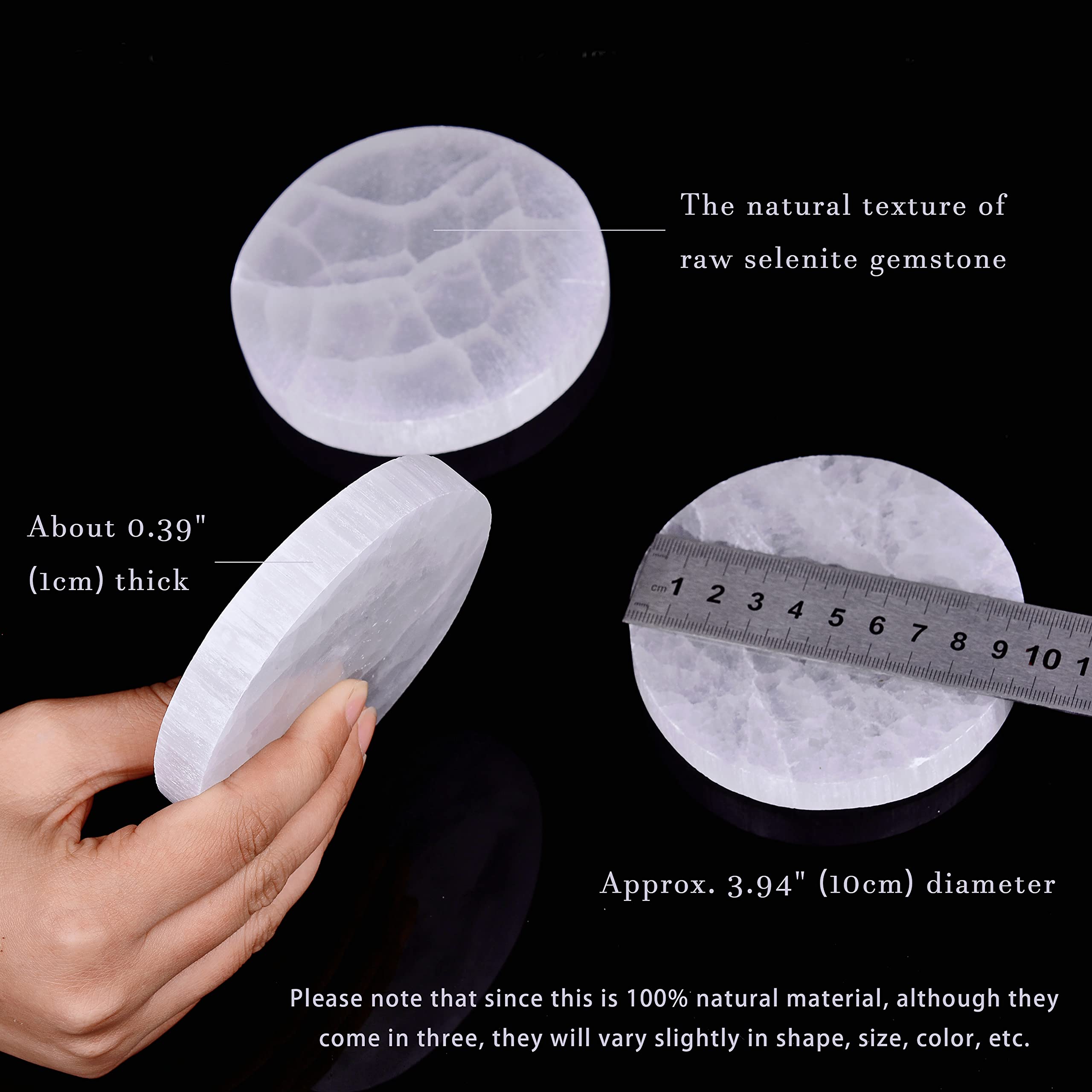 CNYANFEI 3pcs Selenite Charging Plates 4” Satin Spar Crystal Tray Natural Selenite Stone Coasters Circle Gemstone Slab Bulk