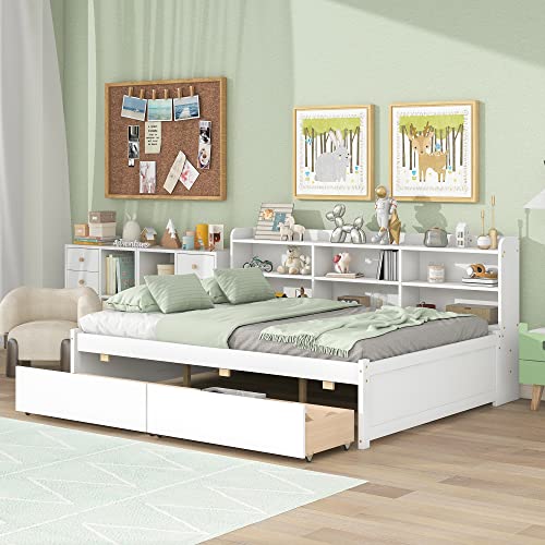 Harper & Bright Designs Full Bed with Storage Drawers and Side Bookcase, Solid Wood Platform Frame, Full Size Daybed Sofa for Bedroom Living Room (Full Size, White) White(side Bookcase)