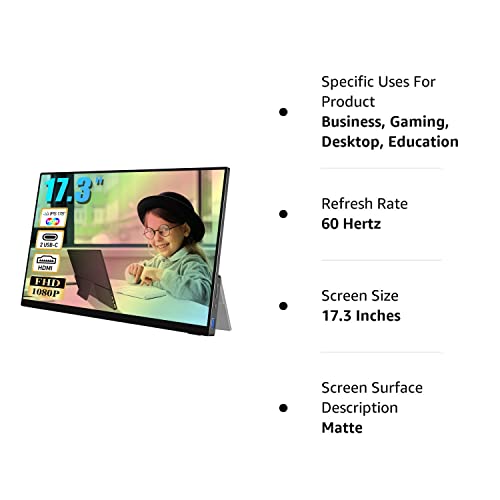 Portable Monitor 17.3" Laptop Screen Extender with Premium Built-in Stand, 1080P FHD HDR Eye Care USB-C Second Monitor for Laptop, IPS HDMI Computer Display for Phone, PC, PS/4/5, Xbox, Switch