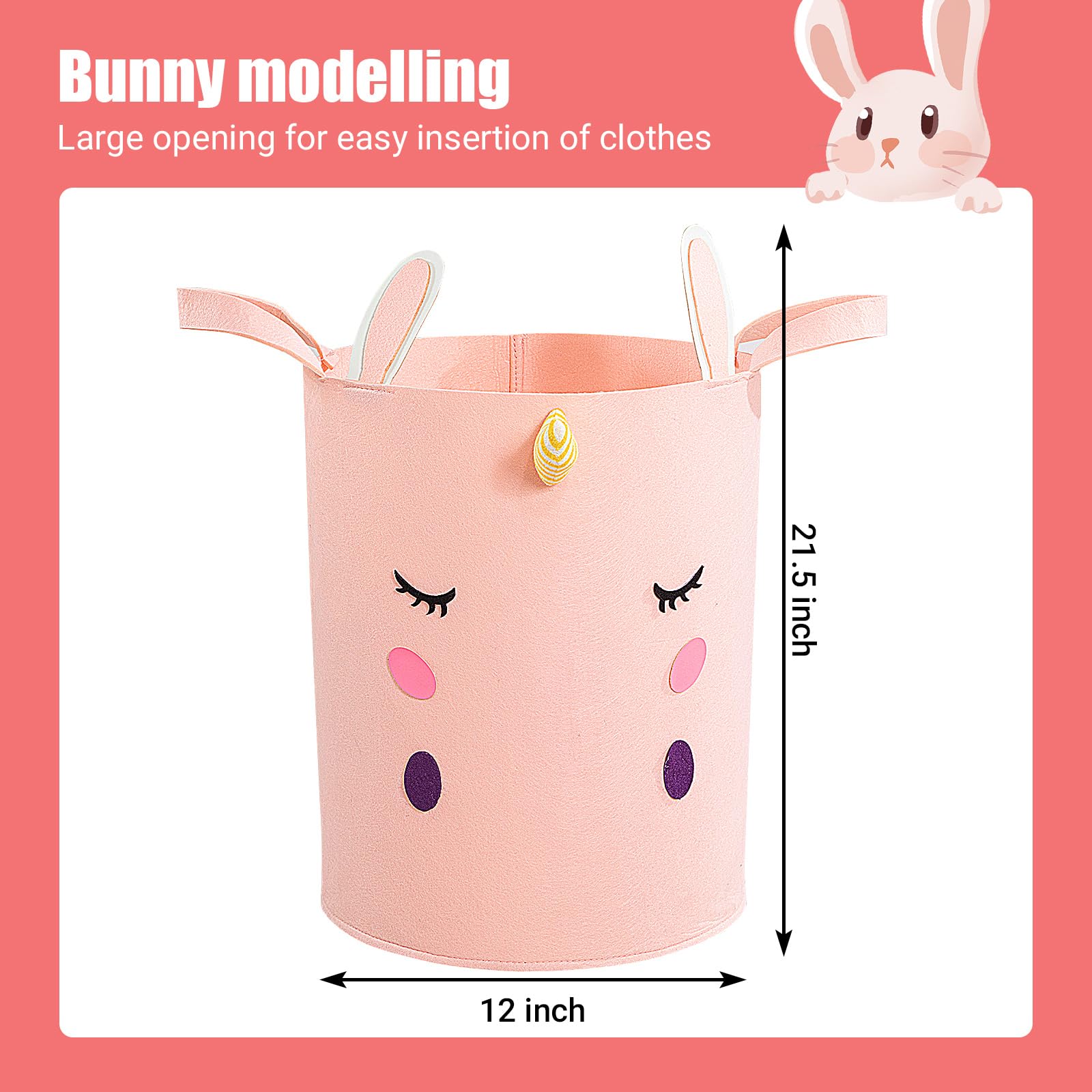 HOMBYS Glow in The Dark Bunny Hamper-Kids Laundry Basket, Large Cute Design Storage Bin for Toys& Clothes, Dinosaur Room Decor for Boys&Girls, Laundry Hamper with Handles, Durable-16"x14"x14"