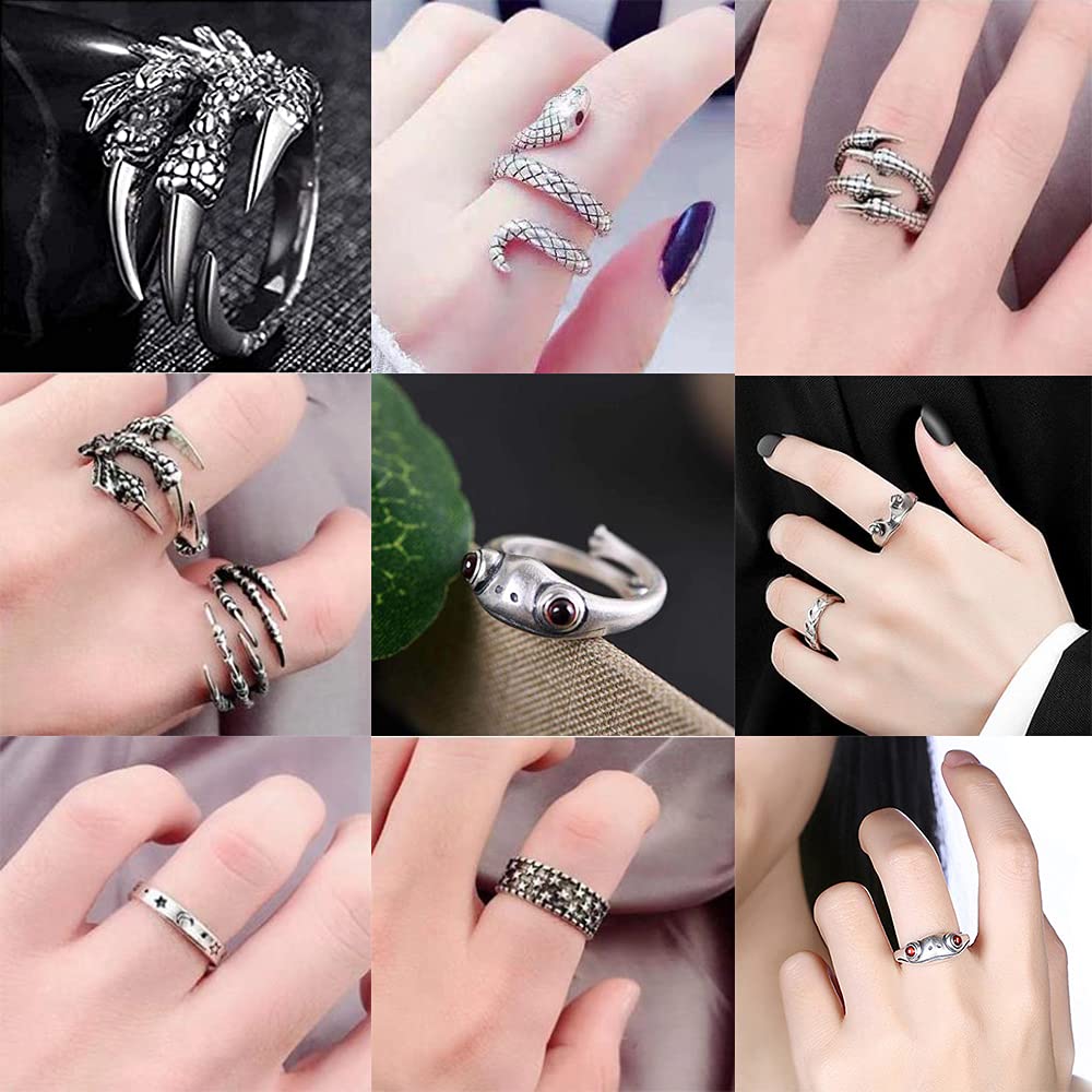 CSIYANJRY99 12Pcs Vintage Punk Open Rings for Men Women,Gothic Y2K Frog Rings Set Hippie Snake Dragon Claw Smiley Face Chain Rings Adjustable Stackable Knuckle Rings