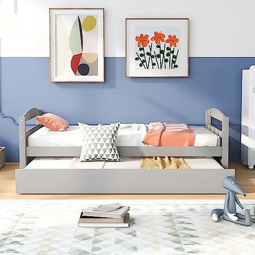 Harper & Bright Designs Twin Daybed with Trundle, Solid Wood Bed Twin Size Bed Sofa Platform Bed Frame, No Box Spring Needed (Twin Size, Gray)