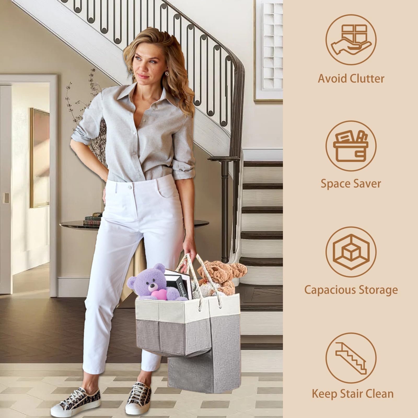 Gachiwar Stair Storage basket,16" L x 10" W x 16" H,dirty clothes basket,hanging baskets for organizing carpeted stairs,book,wooden