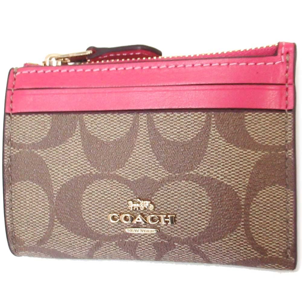 Coach Mini Skinny ID Key ring Coin Case Signature Wallet Khaki Strawberry Haze F88208
