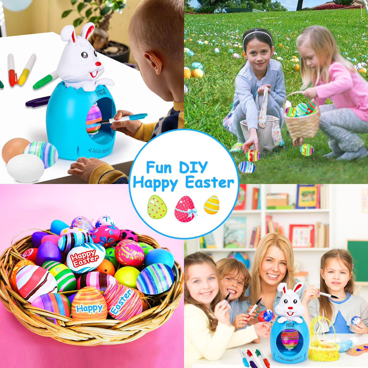 Easter Egg Decorating kit, Bunny Spinner Decorating Machine Easter Basket Stuffer Egg Fillers for Toddlers Easter Pinata Gifts Dye Craft Set with 8 Dying Marker 10 Plastic Eggs Hunt for Kids Boy Girl
