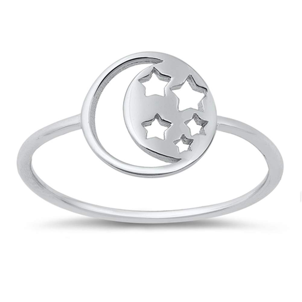 Cutout Moon Star Space Polished Ring New .925 Sterling Silver Band Size 10