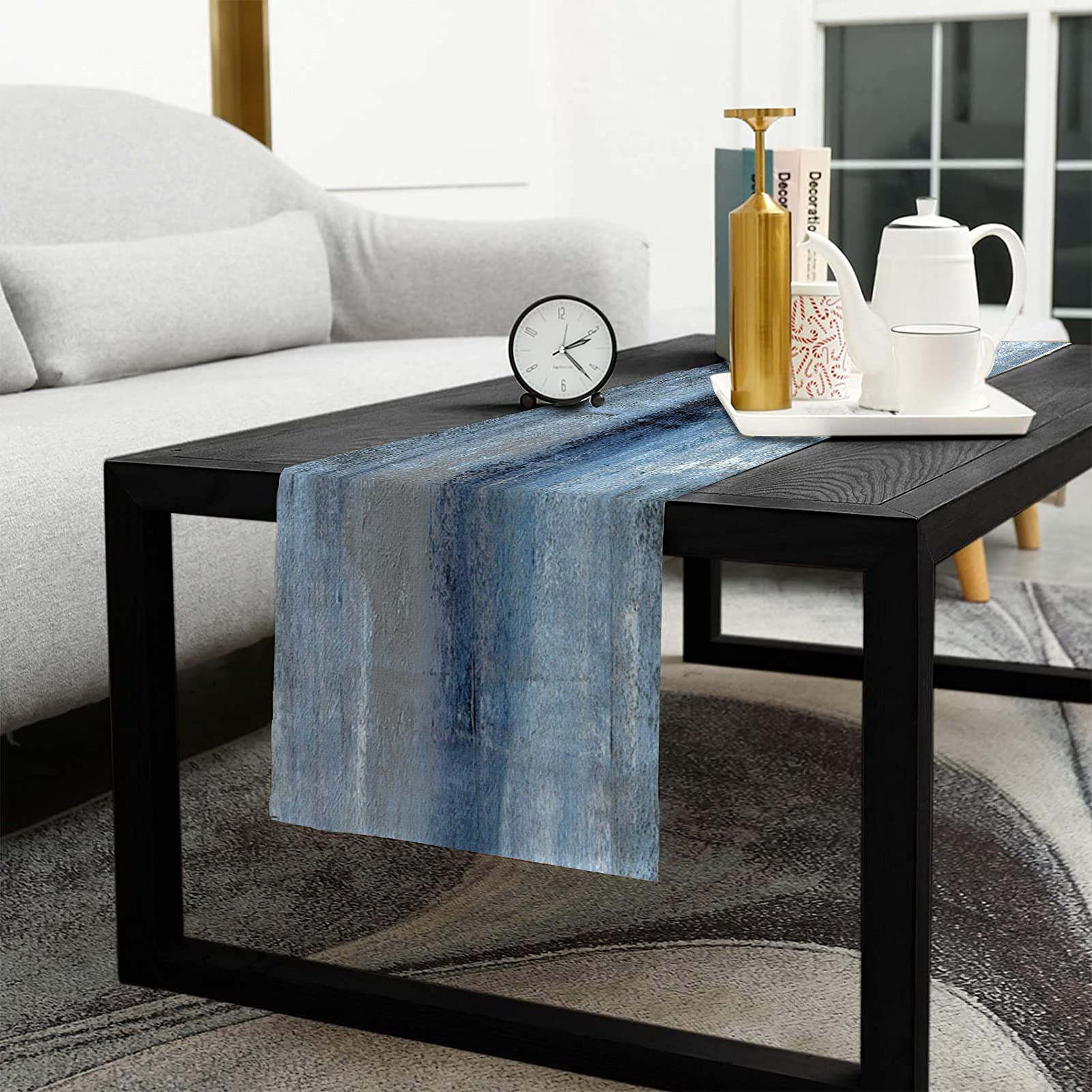 Emvency Farmhouse Style Table Runner, Abstract Art Painting Denim Blue Table Runners for Kitchen Coffee Table Family Dinners Holiday Parties Wedding Events Decor(13x72 inch)