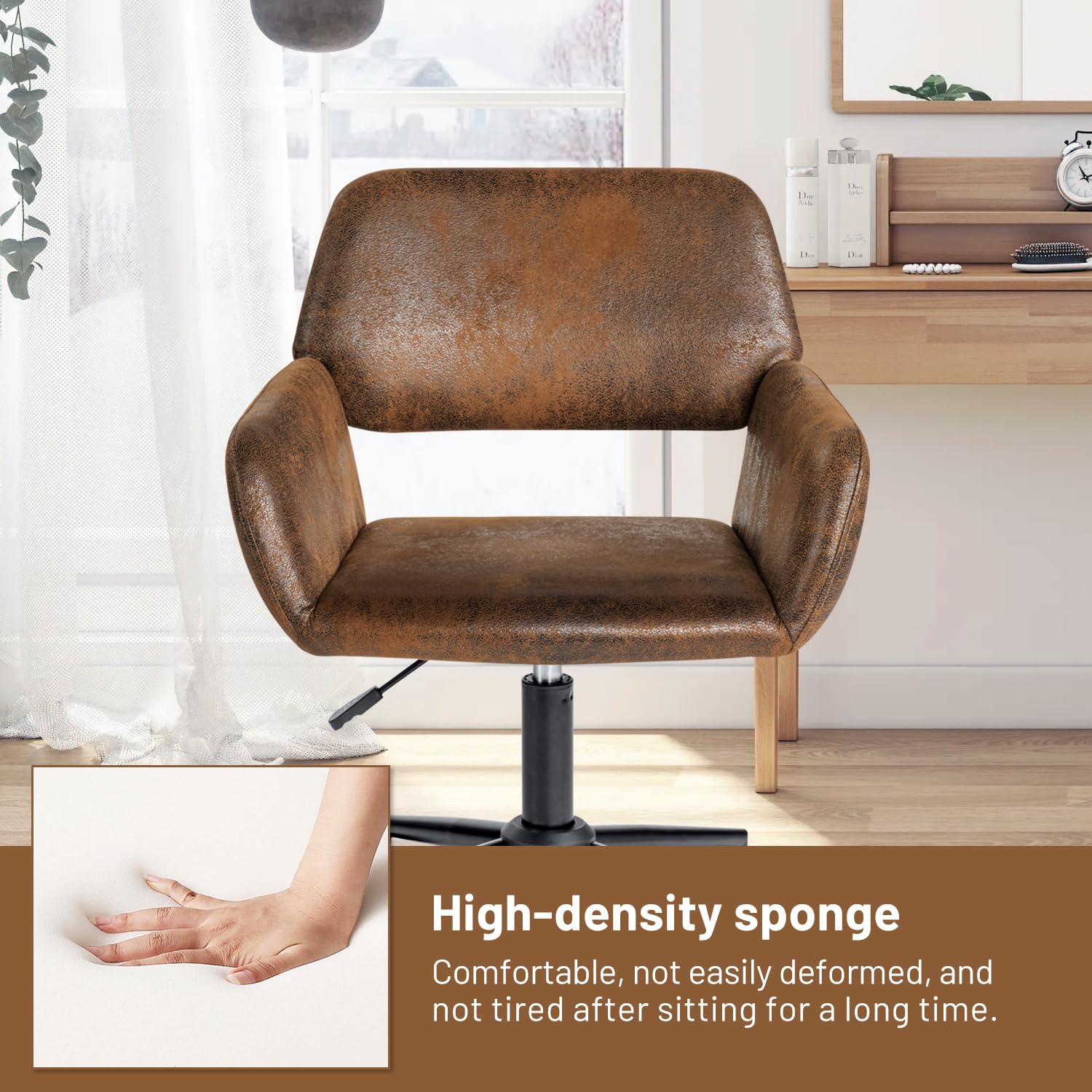 FurnitureR Office Chair, Upholstered Suede Mid Back Swivel Computer Desk Chair with Rolling Wheels, Adjustable Task Chair for Home, Bedroom, Make-up, Studying, Small Spaces - Brown