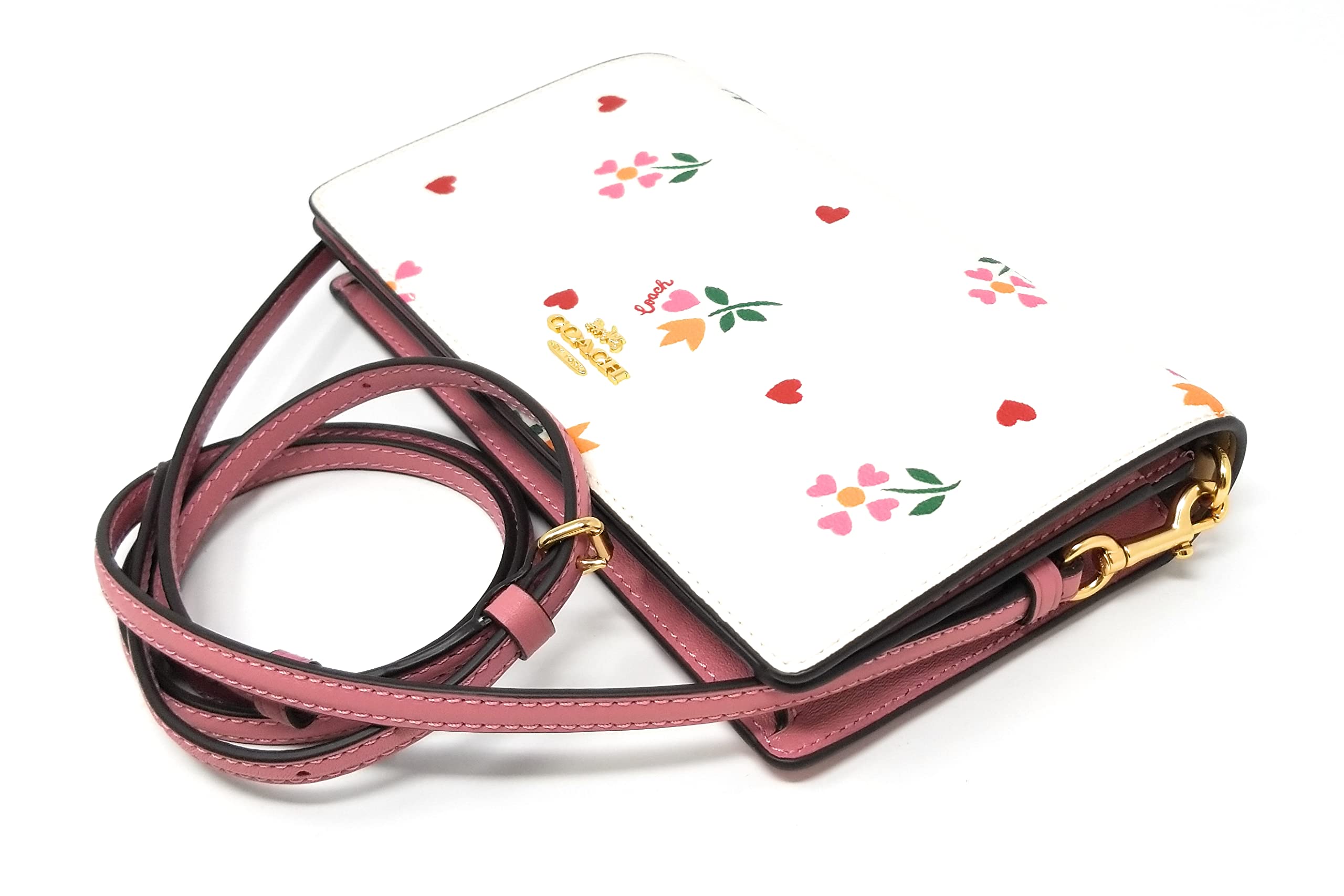 Coach Womens Anna Foldover Crossbody Clutch (Coated Canvas - Heart Petal Print - Chalk Multi)