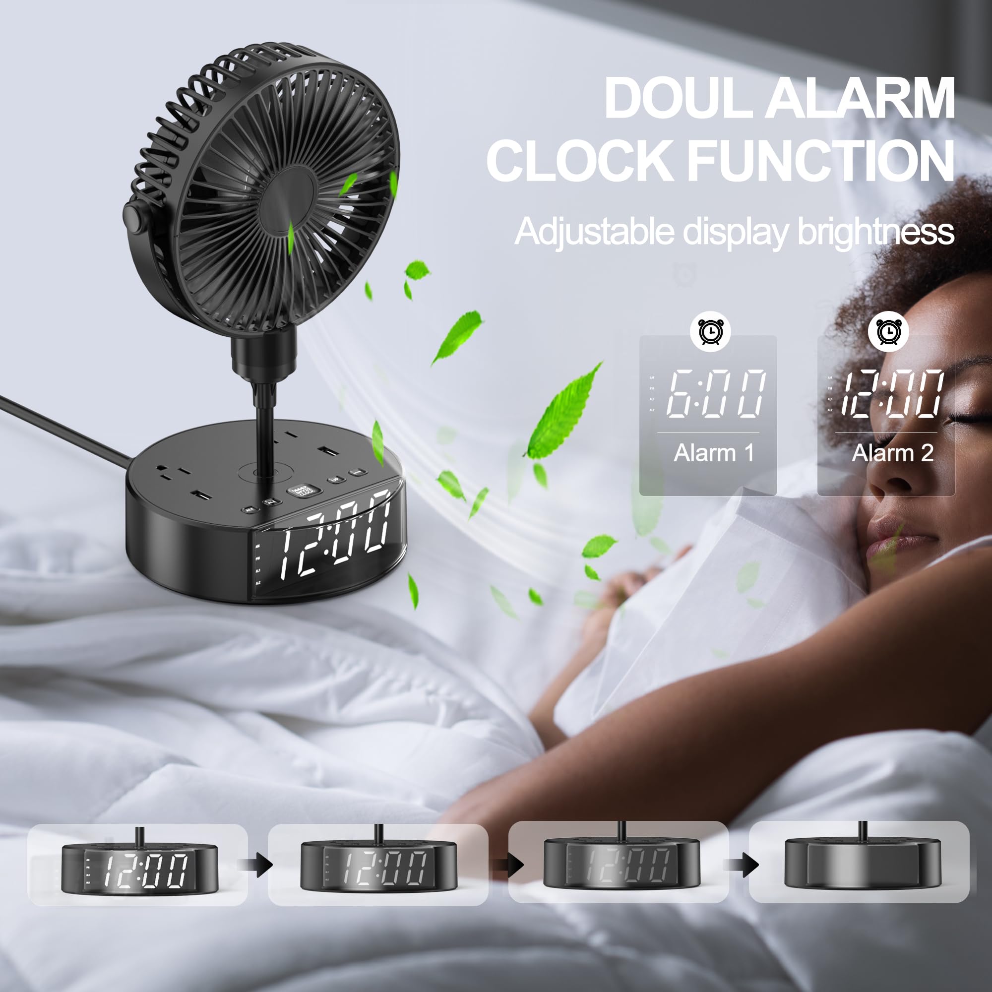 Fereowth Quiet Desk fan,Office Fan with 2 USB Charging Ports,Table Fan with 2 AC Power Outlets ,Bedroom Fan with Timer Alarm.Personal Fan for Home,Strong Wind, Quiet Operation(black gray)
