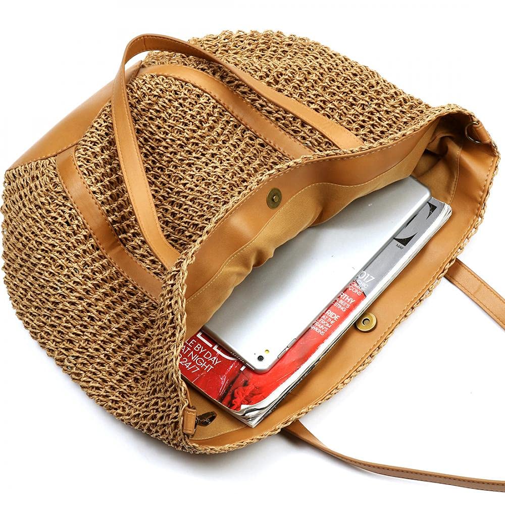 Women Straw Shoulder Bag Summer Beach Lightweight Large Wallet Handmade Woven Handbag (Khaki)