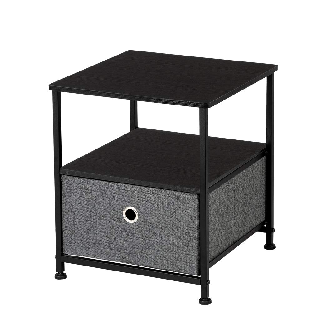 DESIGNSCAPE3D Nightstand with Drawer, Bedside Furniture & Accent End Table for Home, Bedroom, Office, College Dorm, Steel Frame, Wood Top, Easy Pull Fabric Bins, Grey