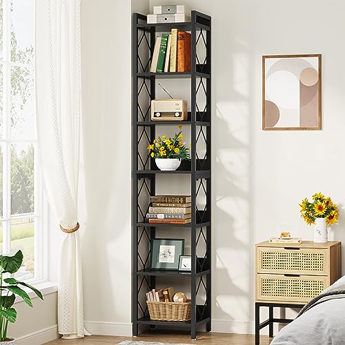 LITTLE TREE 7-Tier Narrow Bookshelf, 78.7-Inch Extra Tall Skinny Bookcase for Small Spaces, Freestanding Display Shelves, Multifunctional Corner Storage Organizer Unit for Home Office, Black