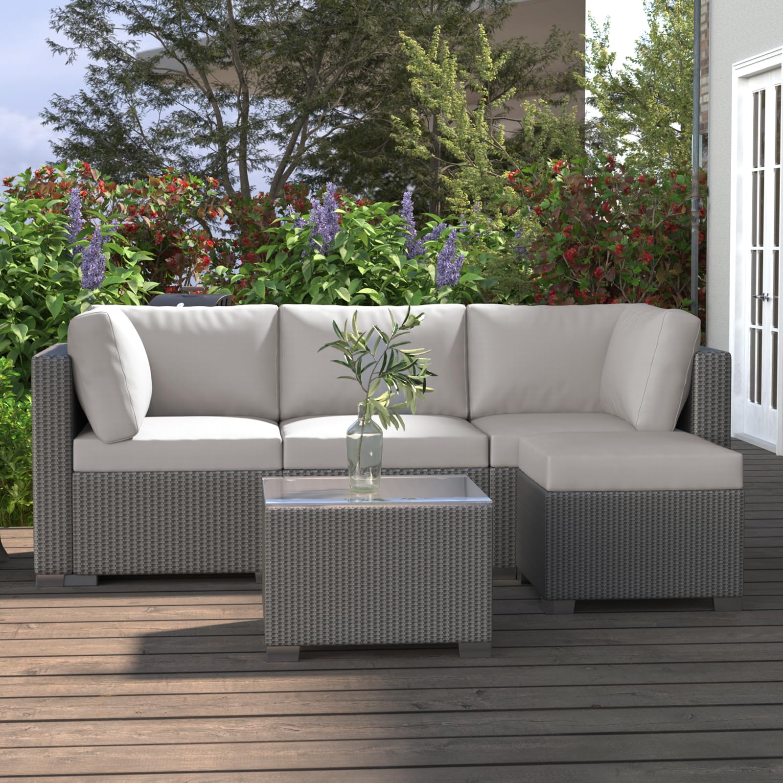 GAOMON 5-Piece Outdoor Patio Rattan Wicker Sofa Set, Pe Rattan Conversation Sectional with Thickened Back Cushion, Glass Tabletop, Ottoman - Ideal for Courtyard Space, Light-Grey
