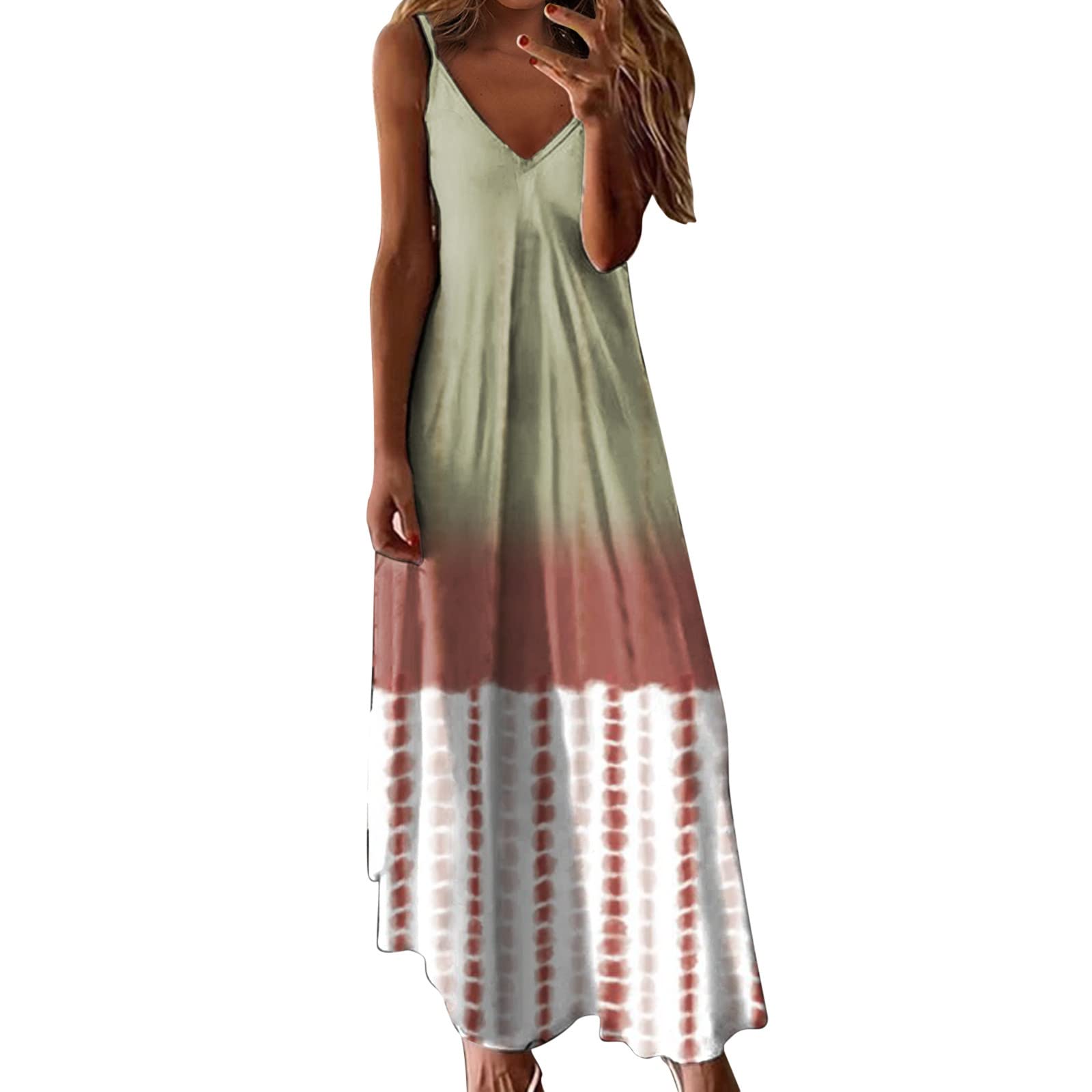 Women's Summer Casual Sleeveless Dress V Neck Spaghetti Strap Maxi Long Dress Color Block Printed Beach Sun Dresses Green