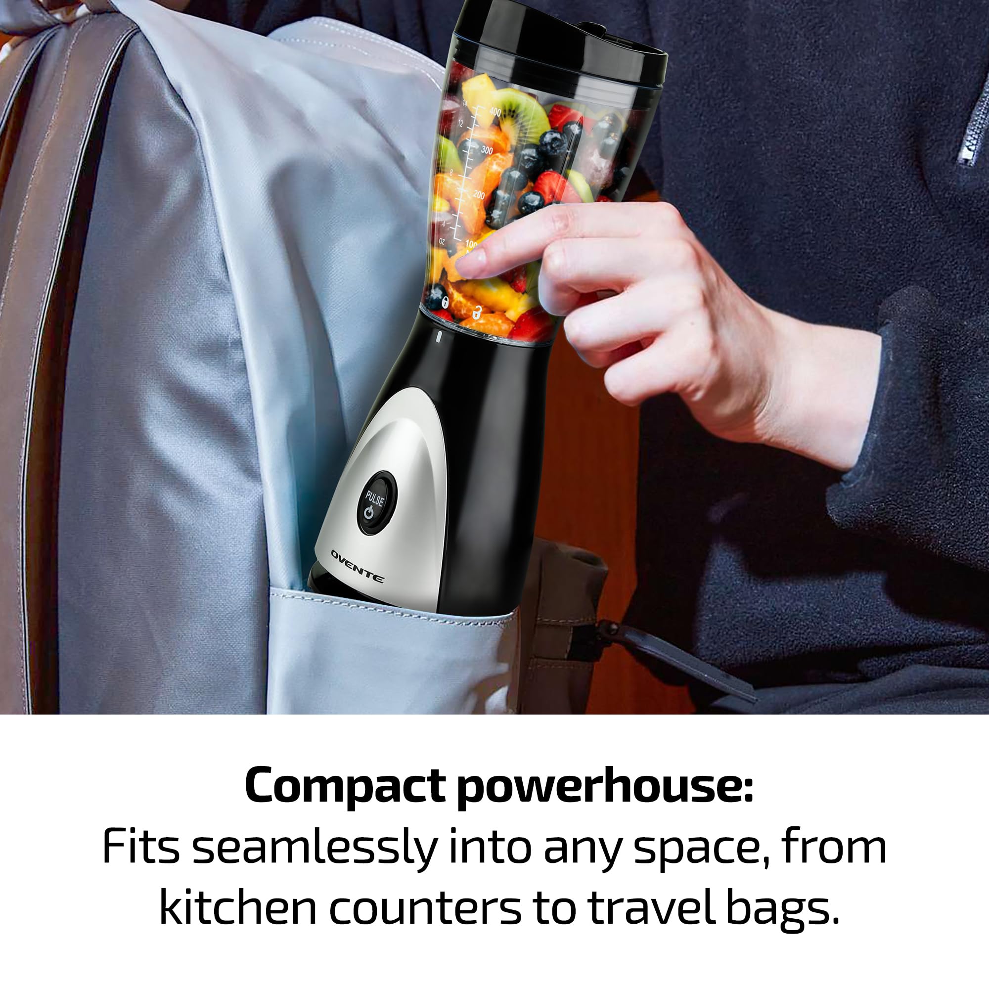 OVENTE Portable Personal Blender for Shakes, Smoothie and Juice with Compact 13.5 Oz BPA Free Travel Cup and Lid, Durable Stainless Steel Blades for Powerful Blending Performance, Black BLH1001B