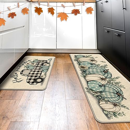 Tailus Hello Pumpkin Teal White Fall Kitchen Rugs Set of 2, Blue Autumn Plaid Check Truck Kitchen Mats Decor, Farmhouse Thanksgiving Floor Door Mat Home Decorations - 17x29 and 17x47 Inch