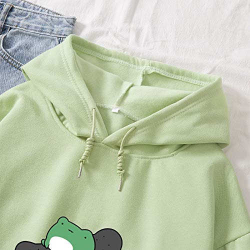 KEEVICI Women's Cute Sweatshirts Skateboarding Frog Long Sleeve Cotton Hoodie Pullover (Green,L)