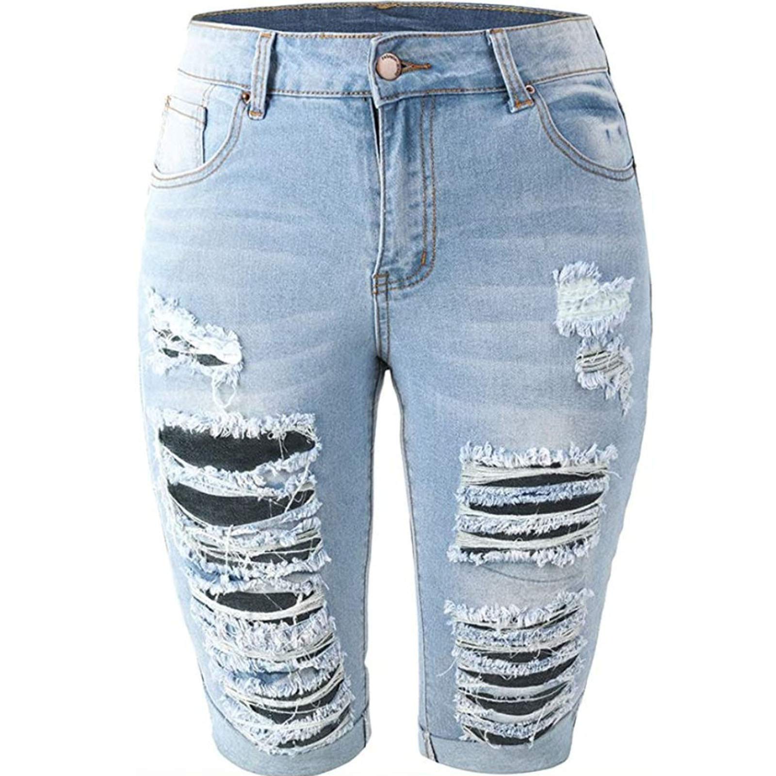 Womens Denim Ripped Bermuda Shorts High Waisted Distressed Knee Length Stretch Short Jeans Leggings with Pockets