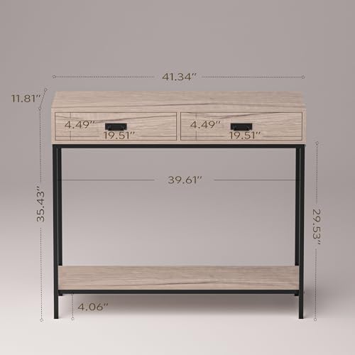 roomfitters Oak Wood Console Table with 2 Drawers, Hallway Foyer Table with Storage Shelves, Narrow Long Sofa Table, Side Table for Living Room, Hallway, Black Metal Frame, Rustic Brown