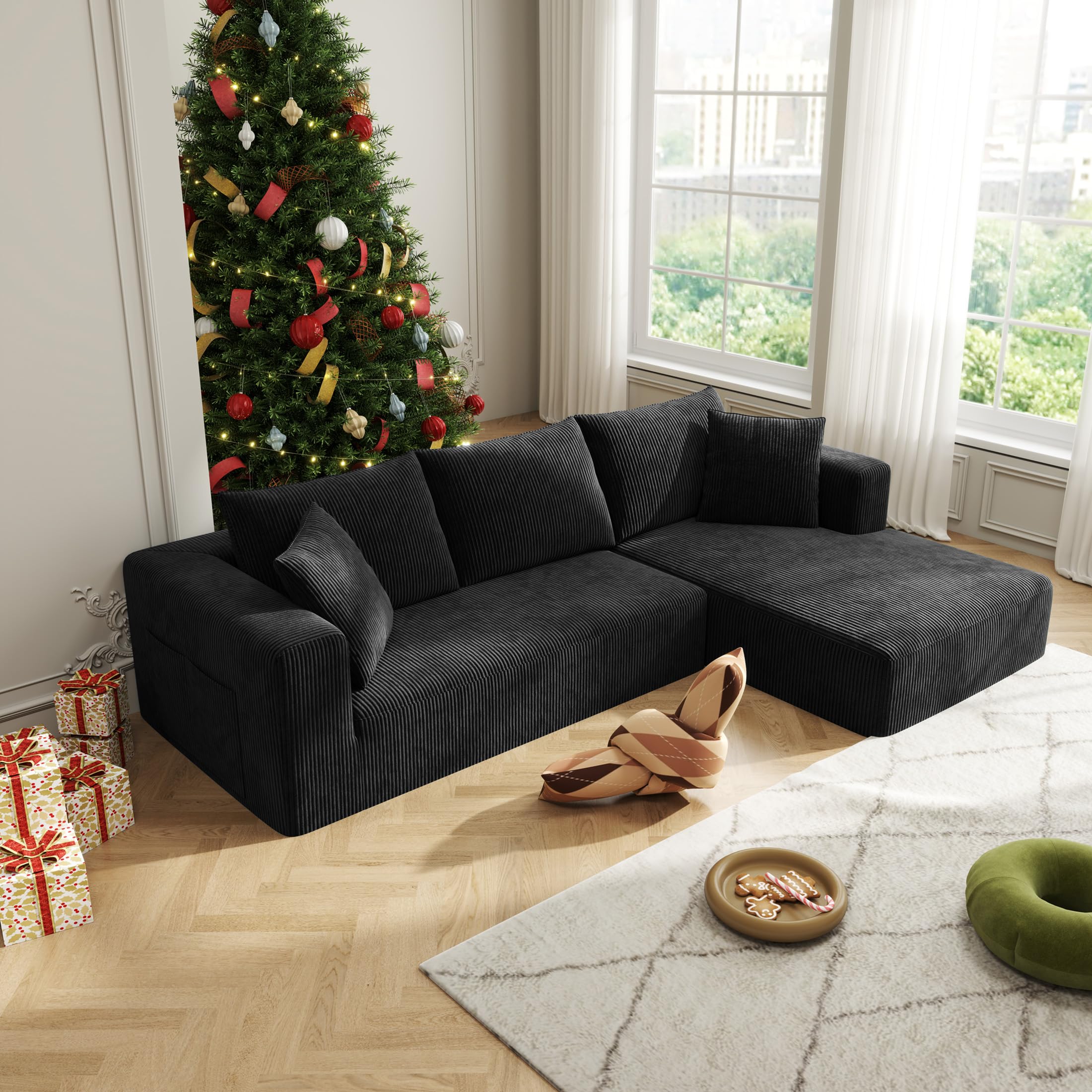 FOCALSWEET 105'' Sectional Sofa, Cloud Couch with L-Shape Chaise, Modern Modular Couches with Deep Seat, No Assembly High-Density Sponge Corduroy Fabric Sofa with 5 Pillows for Living Room, Black