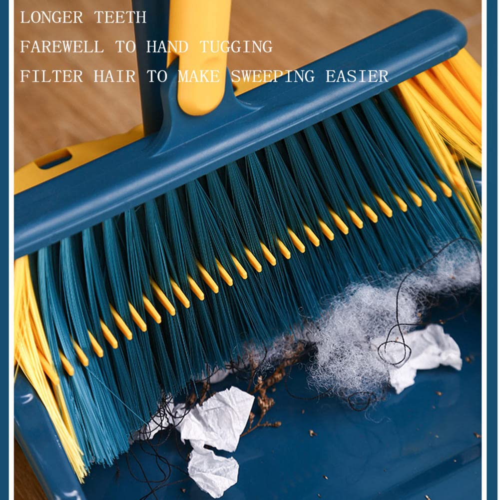 FEMUN Sweep Dustpan Set Durable Indoor Non-Stick Hair Household Rotating Head Soft Hair Long Handle Stainless Steel Thickened Sweep Broom and Dustpan, Used Under beds, Sofas, and cabinets