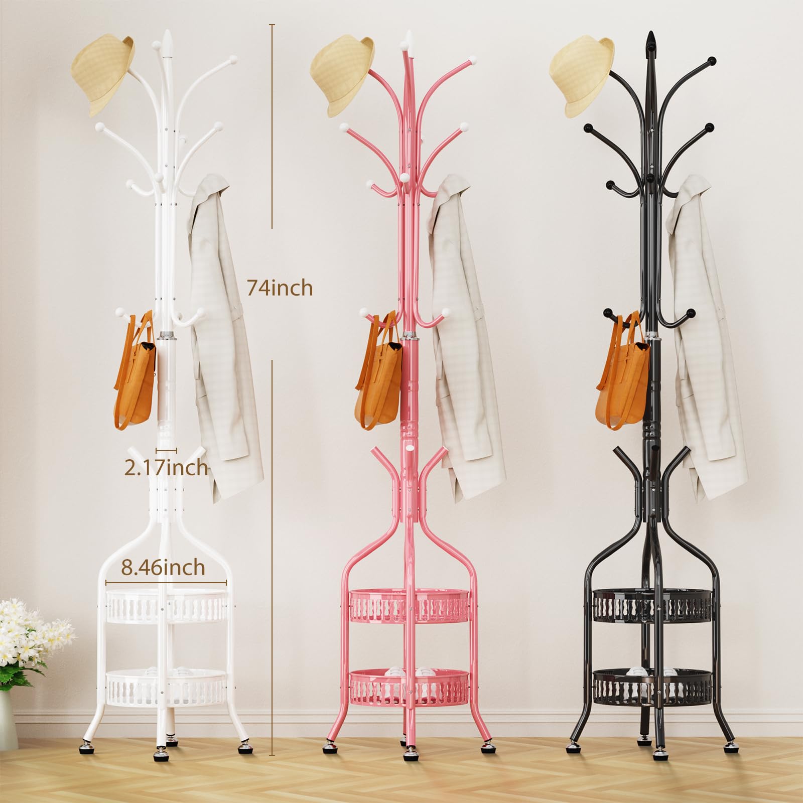 LAZEYARD Modern Metal Coat Rack Stand with Double Layer Basket,Coat Rack Freestanding Hat Hall Tree with 12 Hooks For Hanging Scarf,Bag,Jacket,Hat Coat Hanger Stand for Home Entry-way,Bedroom,Office