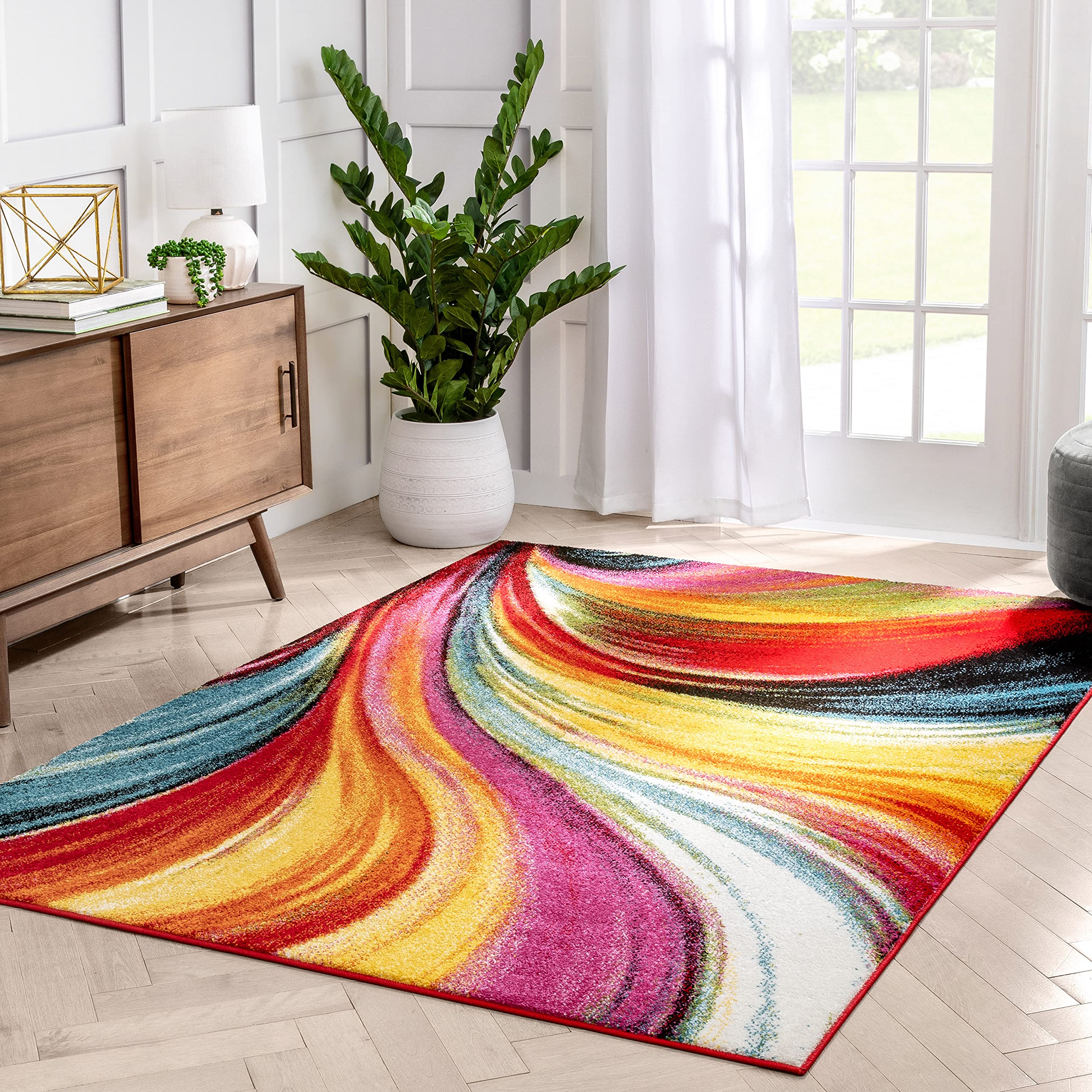 Treehouse Bohemian Patchwork Multi Pink Red Yellow Blue Orange Green Black Oriental Damask (5'3" x 7'3") Area Rug Thick Soft Plush Shed Free Easy Clean Stain Resistant