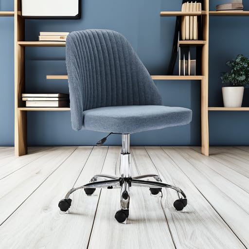 Home Office Desk Chair, Modern Linen Fabric Chair Adjustable Swivel Task Chair Mid-Back Cute Upholstered Armless Computer Chair with Wheels for Bedroom Studying Room Vanity Room (Blue)