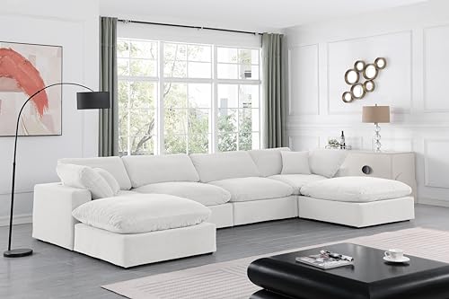 Meridian Furniture 189Cream-Sec6B Comfy Collection Modern | Contemporary Upholstered Modular Sectional, Soft Cream Velvet, Down Feather Cushions, 158" W x 79" D x 34.5" H, Cream