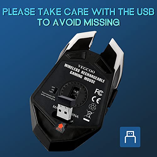 VEGCOO Wireless Gaming Mouse, Silent Click Wireless Gaming Mouse Rechargeable Mice with Colorful LED Lights and 2400/1600/1000 Three Gears Adjustable DPI, Ergonomic Mouse for Laptop PC (C11 Black)