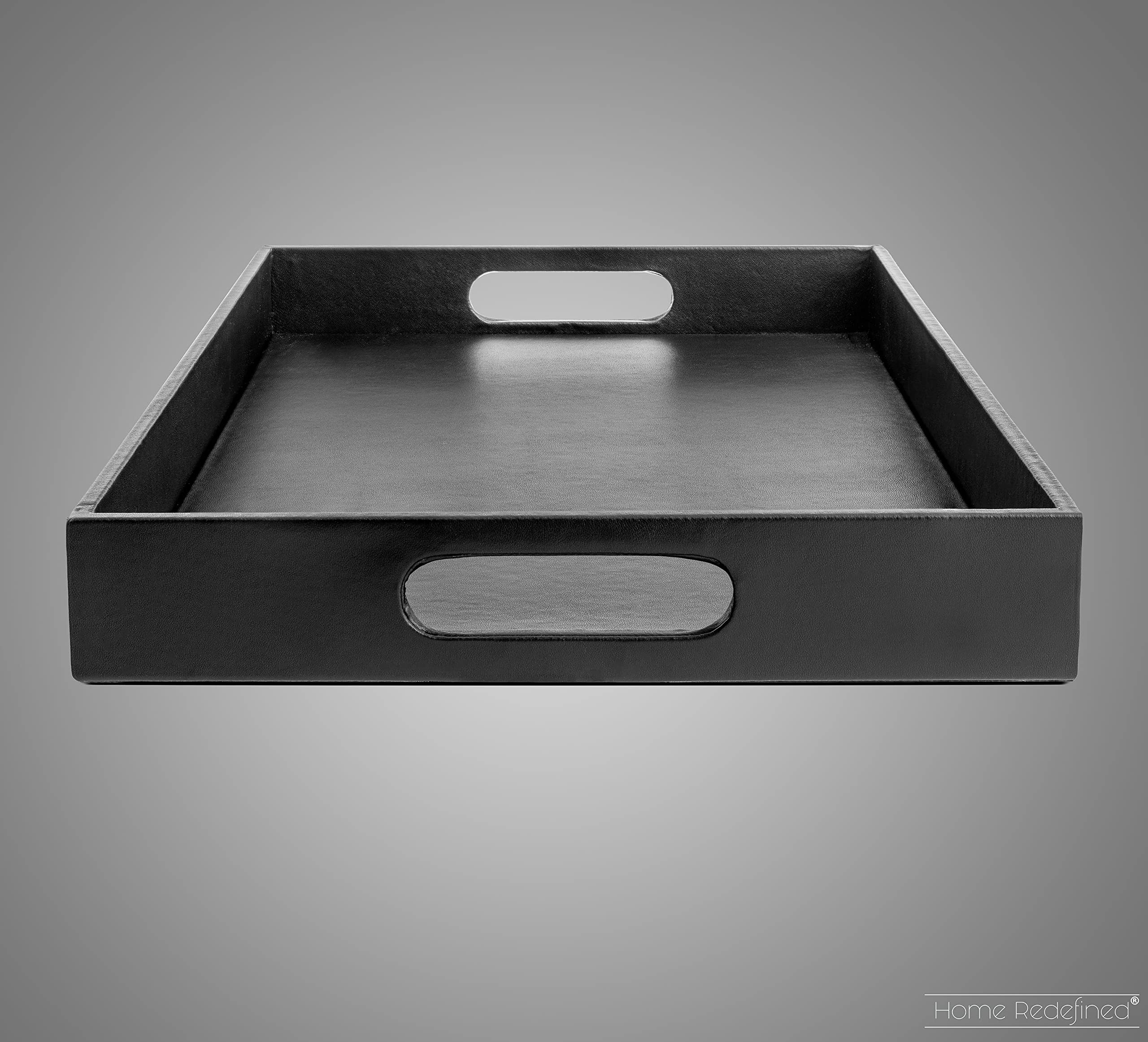 Home Redefined Beautiful Modern Elegant 18"x12" Rectangle Classic Black Faux Leather Decorative Ottoman Coffee Table Perfume Living Room Kitchen Serving Tray with Handles for All Occasion's