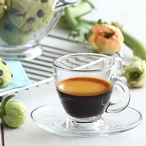 GURUDAR Espresso Cups with Saucers and Spoons Set of 6, Glass Demitasse Cups for Cappuccino Latte Café Mocha Tea and More Beverage, 3.2OZ/95ML, Clear