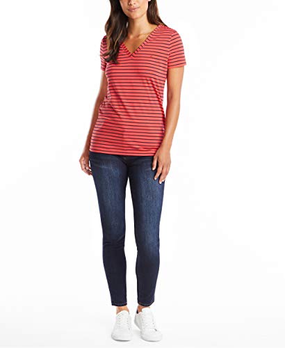 Nautica Women's Easy Comfort V-Neck Striped Supersoft Stretch Cotton T-Shirt, Rose Coral, Large