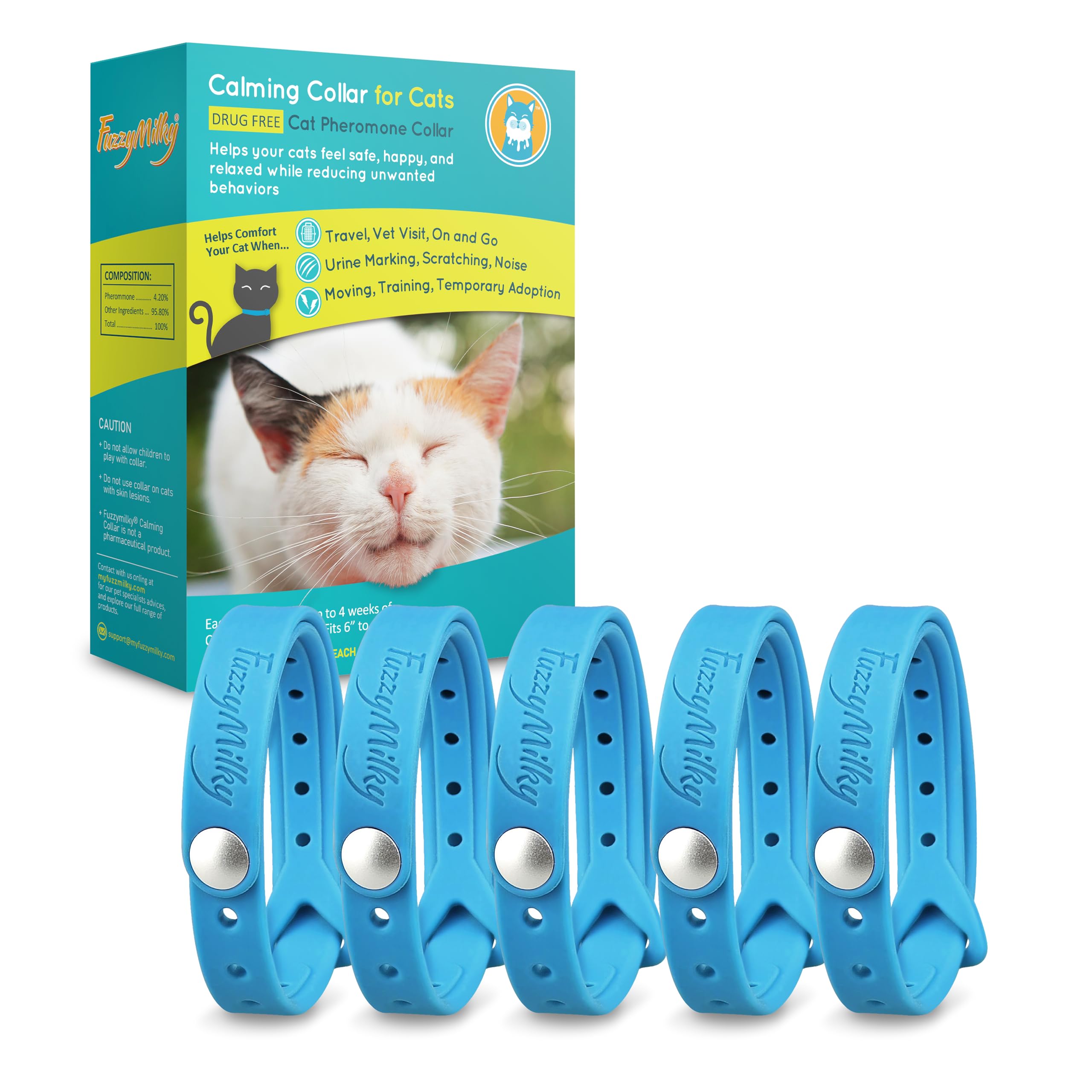 Fuzzymilky Cat Calming Collars - 5 Packs Cat Collar Infused with Synthetic Pheromones (Blue) - Cat Pheromone Diffuser Necklace for Anxiety Relief, Travel, Keeping Kitty Quiet