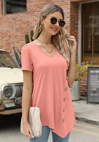 Summer Tops for Women Short Sleeve Shirts V Neck Loose Casual Tunic Plain Tees