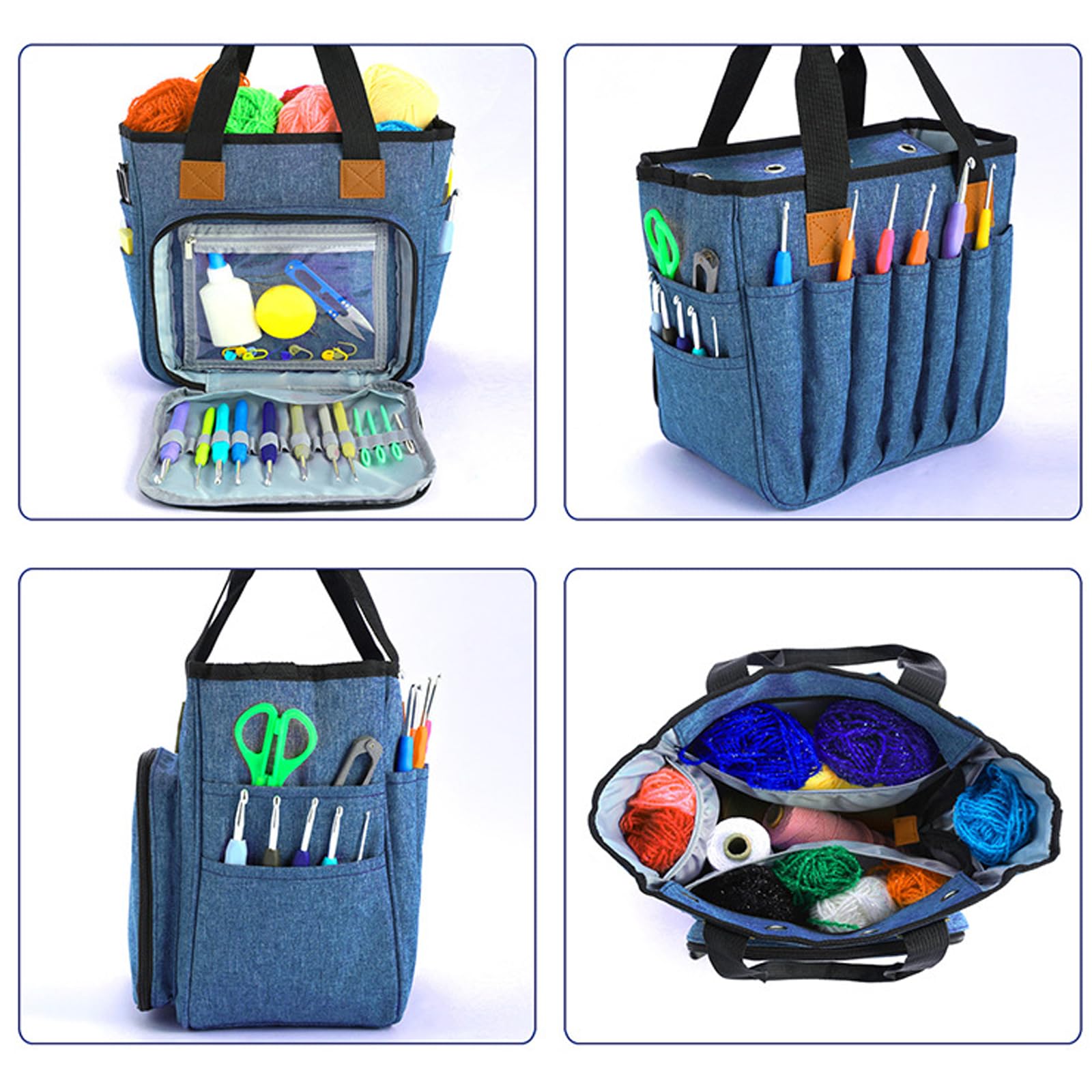 HYMIC Yarn Storage Organizer Tote Bag, Portable Storage Bag for Yarns, Tote-Large Capacity Crochet Organizer Crocheting Kit, Knitting Needles, Yarn Balls, Project & Sewing (Blue)