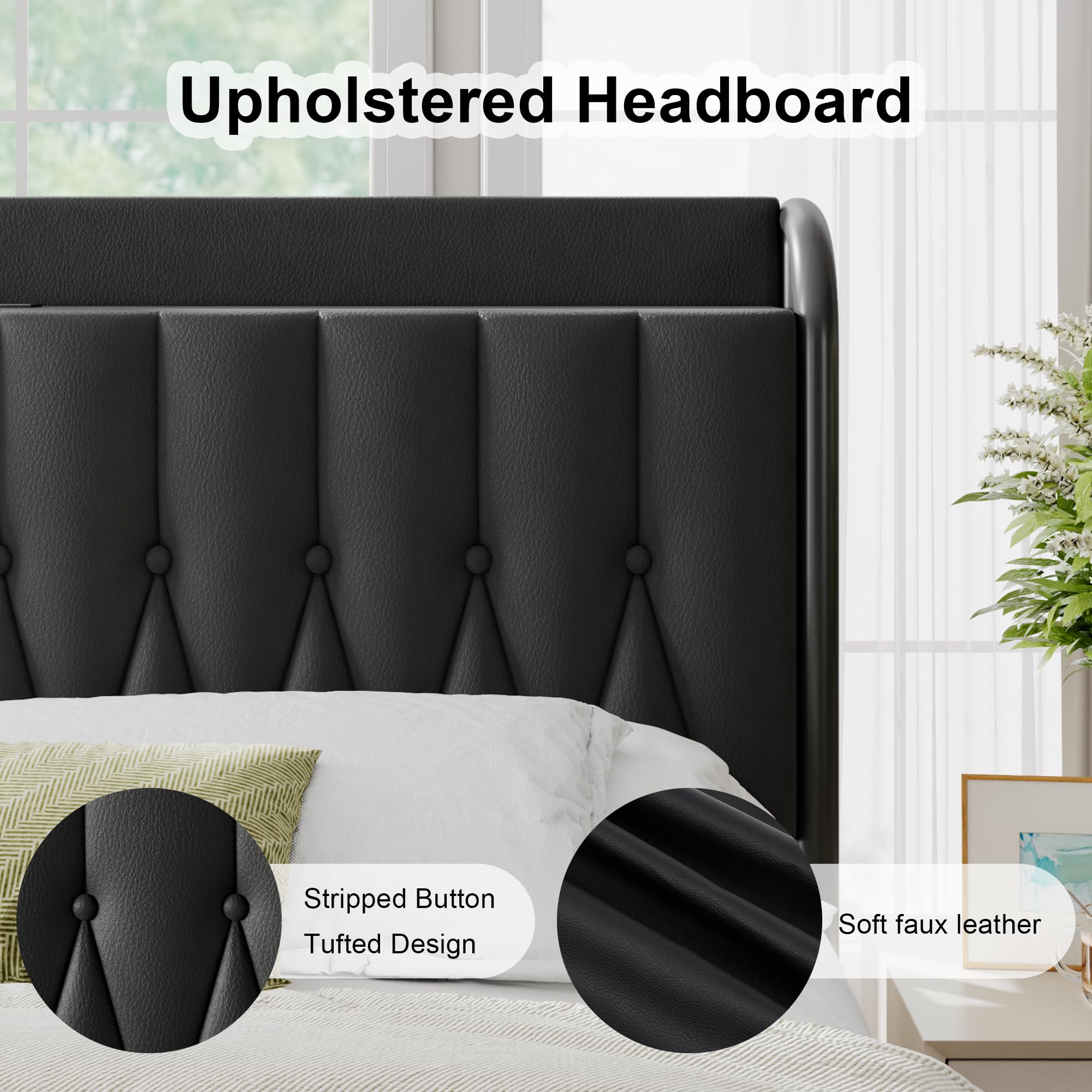 Feonase Leather Queen Bed Frame with Fast Charging Station,Queen Size Metal Platform Beds with Upholstered Headboard & Footboard,12" Underbed Storage Space,Easy Assembly,Noise-Free,Black