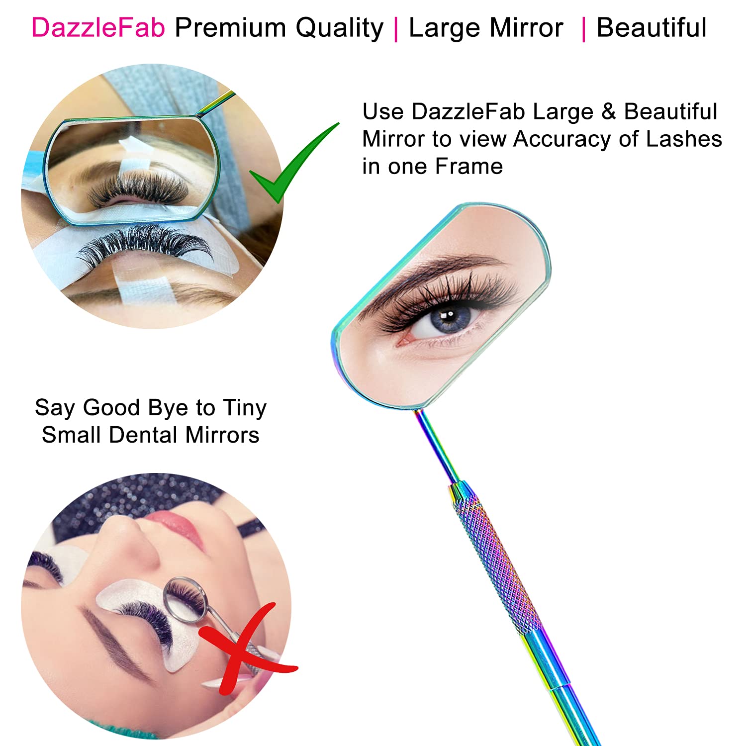 DazzleFab Lash Mirror, for Eyelash Extensions Stainless Steel Detachable Beautiful Large Eyelash Mirror, Tool Premium Quality Rainbow