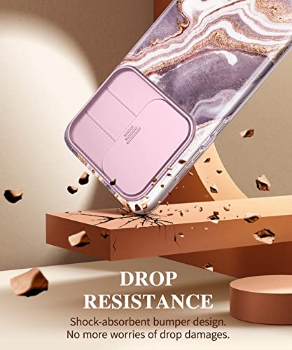 GVIEWIN Compatible with Samsung Galaxy S23 Case with Slide Camera Cover + Screen Protector, [10FT Military-Grade Drop Tested] Marble Slim Fit Shockproof Protective Phone Case 6.1" 2023(Burgundy/Gold)