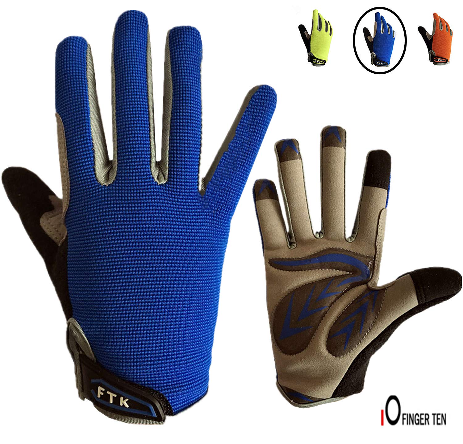 Cycling Gloves Kids Boys Girls Youth Full Finger Pair Bike Riding, Children Toddler Touch Screen Mountain Road Bicycle Warm Cold Weather Gel Padded, Color Blue Orange Age 2-11 (Blue, Small)