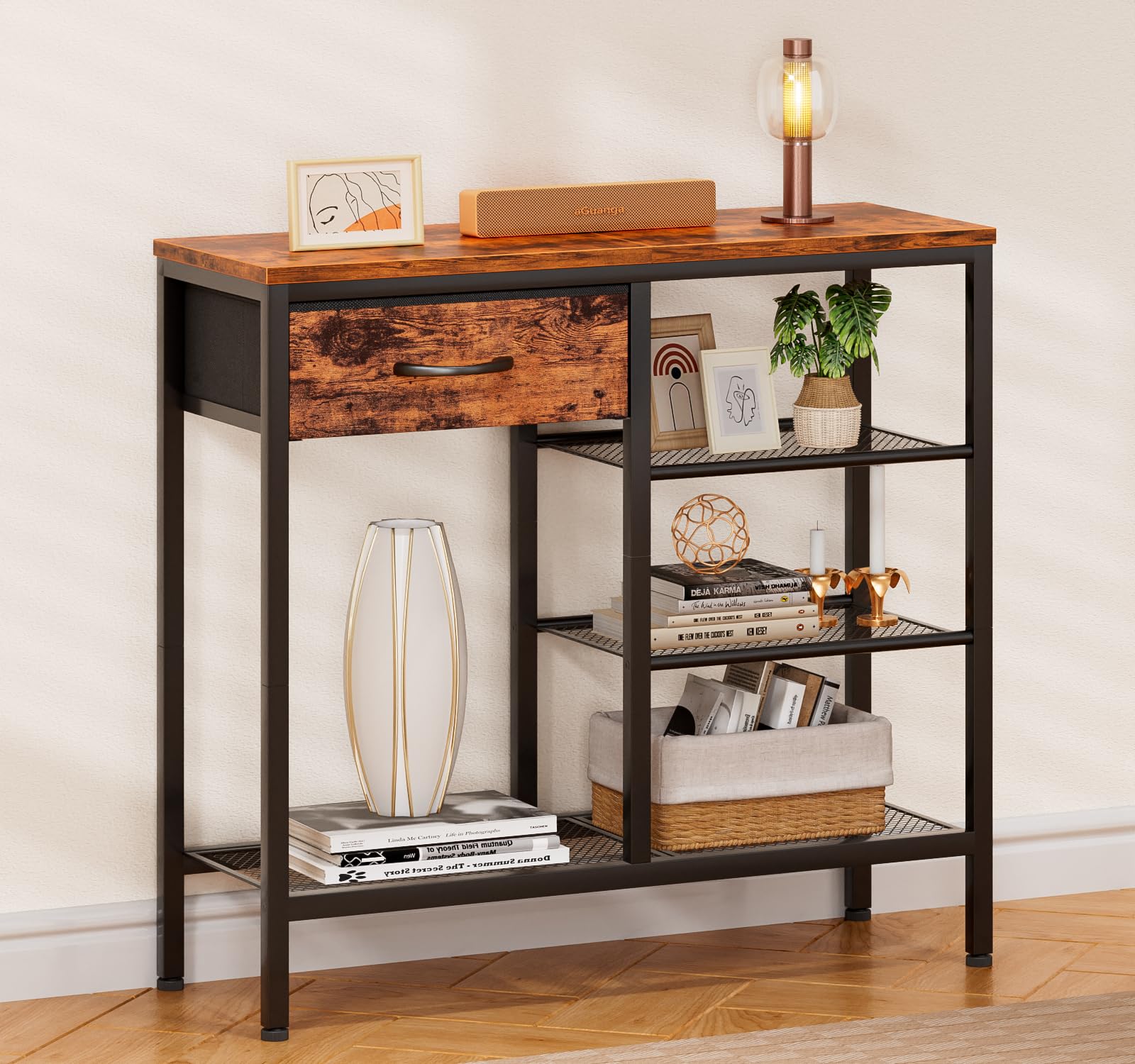 Furnulem Entryway Table Industrial 31.5" Sofa Console Table with Metal Mesh Shelf,Storage Fabric Drawer 4-Tier Shoe Rack Side Table for Front Door,Foyer-Wooden Top and Sturdy Steel Frame,Rustic Brown