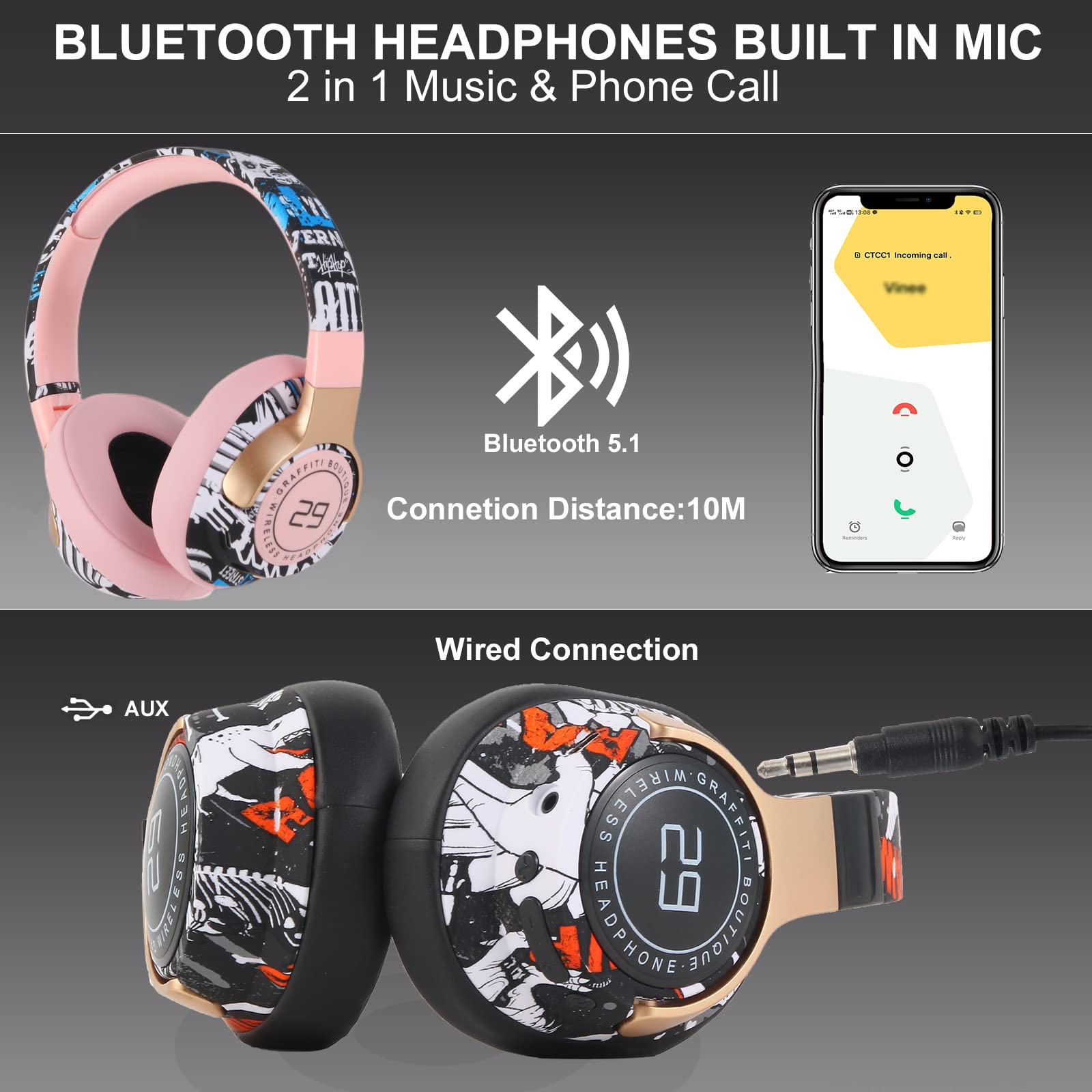 CBSOHDE Bluetooth Headphones Over The Ear, Graffiti Wired/Wireless Headphones with Microphone-Soft Ear Cushions, Foldable Hi-Fi Stereo Sound Bluetooth Headsets for Pad Laptop PC Cellphone (Pink)