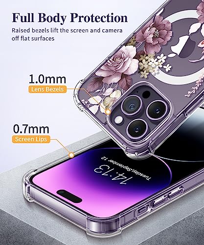 GVIEWIN for iPhone 14 ProMax Case Compatible with MagSafe, [Screen Protector + Camera Lens Protector] [MIL-Grade Protection] Magnetic Floral Clear Shockproof Women Phone Case for 14 Pro Max(Purple)