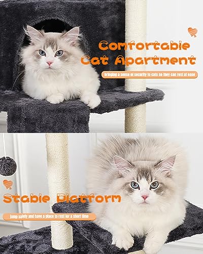 KSIIA Cat Tree for Indoor Cats 43 Inch Tall Cat Climbing Tower with Sisal-Covered Scratching Post & Board Modern Kittens Activity Condo House with Plush Perch, Grey