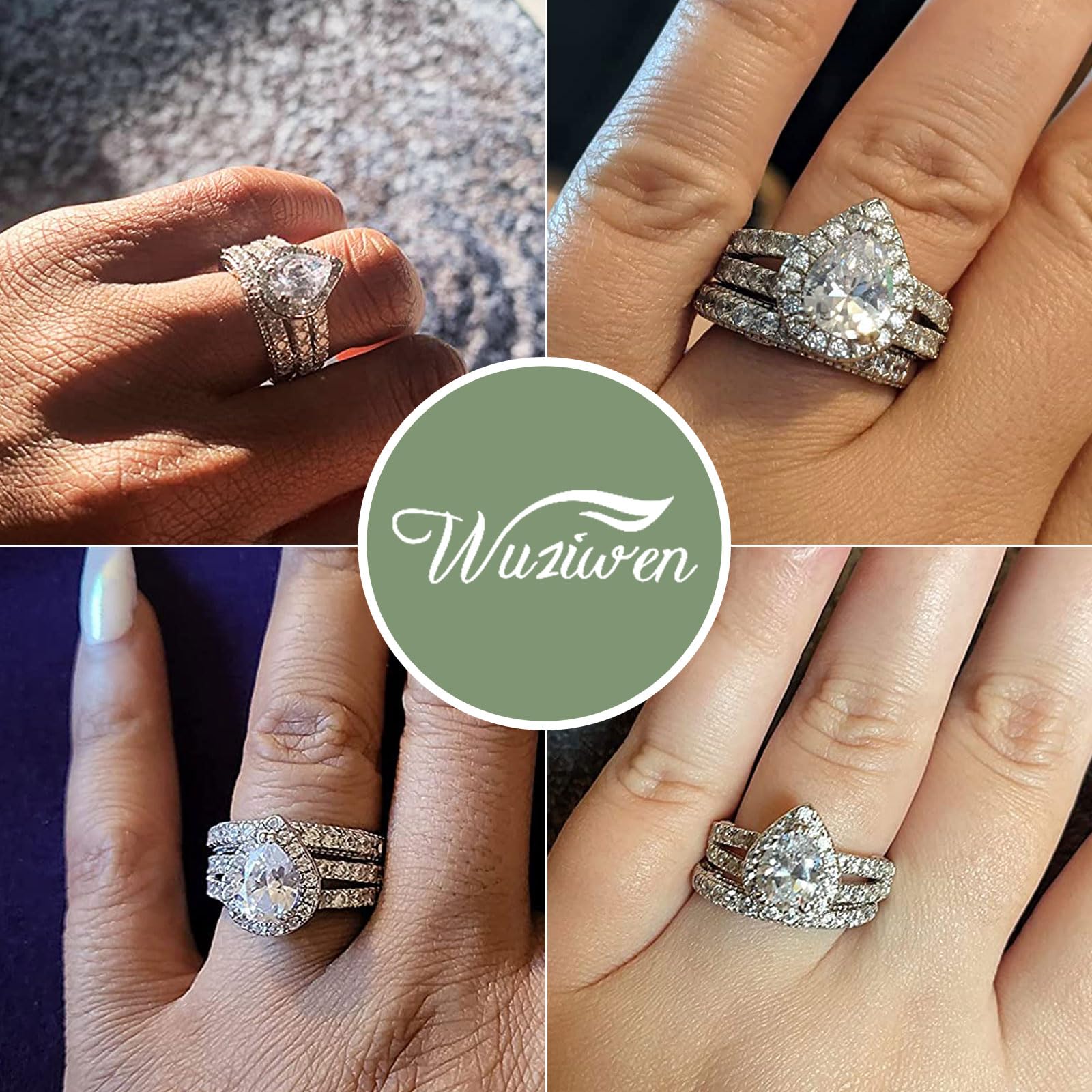 Wuziwen 4 Carats Wedding Engagement Ring Set for Women 925 Sterling Silver Cubic Zirconia Size 7