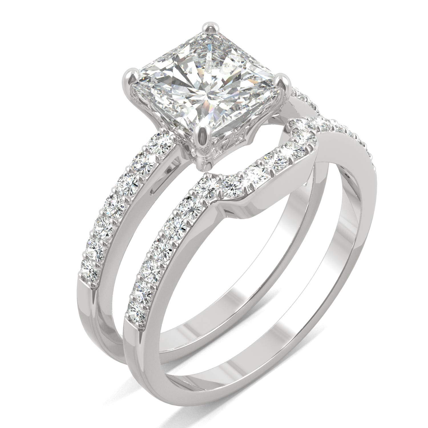Charles & Colvard Created Moissanite 7mm Square Cut Bridal Ring Set for Women | 2.6 cttw DEW | Lab Grown | Solid 14K White Gold with Rhodium | Size 6.5